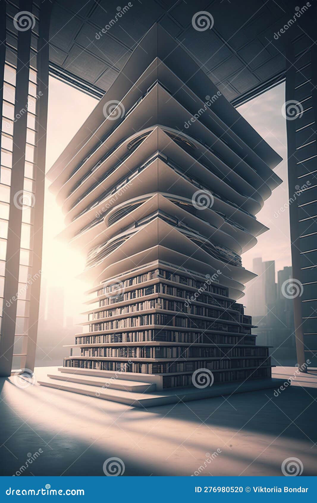 A Large Modern Library with Stack of Books with Sunlight Stock ...