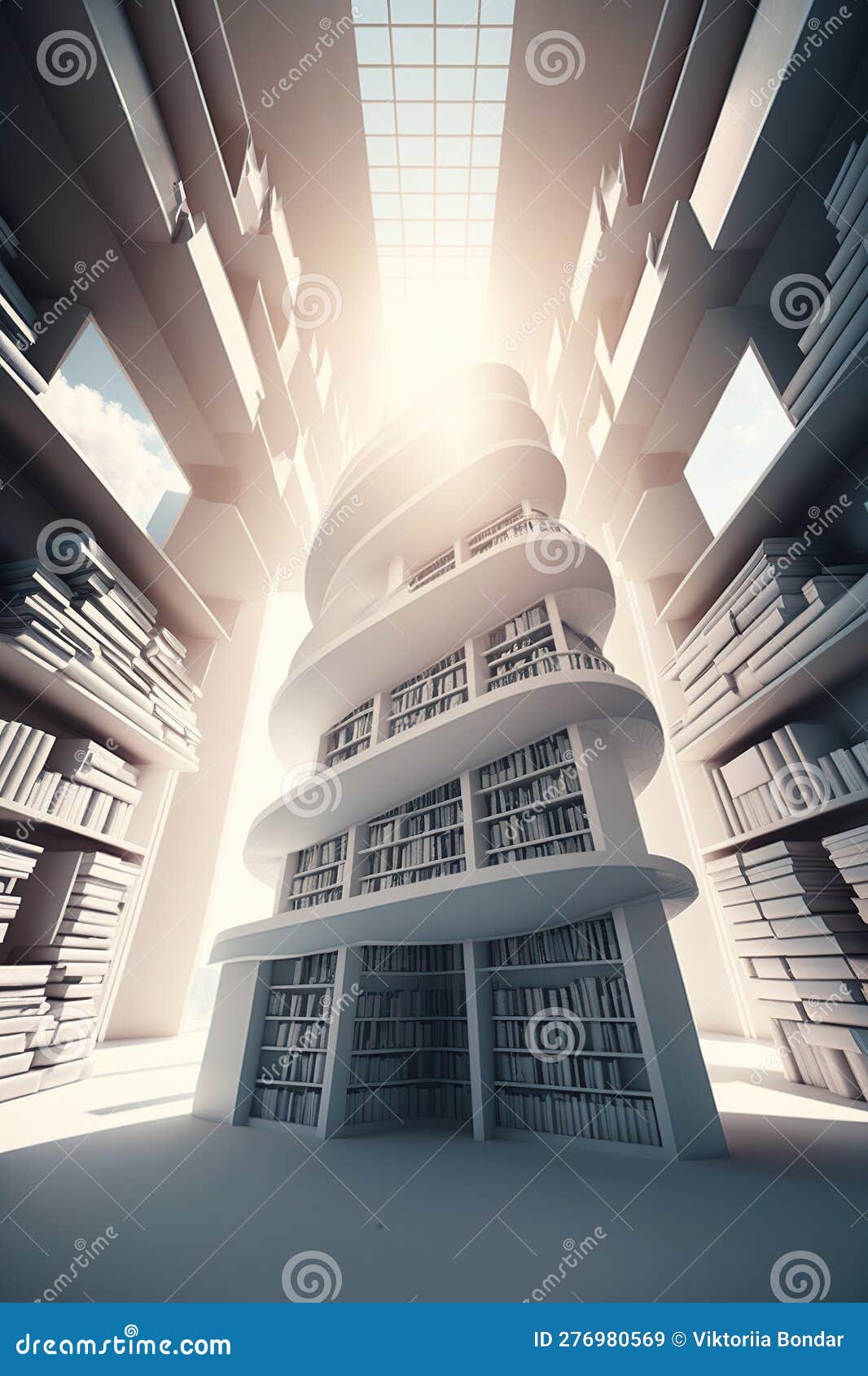 A Large Modern Library with Stack of Books with Sunlight, Stock ...