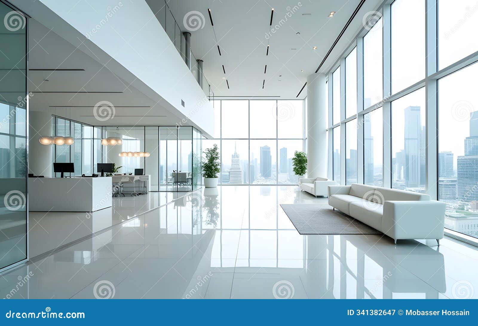 A Large Modern Office Interior with Glass Walls, Large Windows, White ...