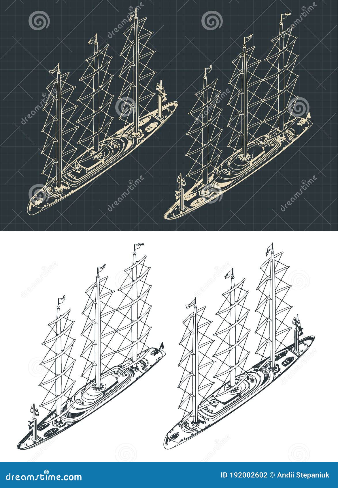 Large Modern Sailing Ship Isometric Drawings with the Sails Down Stock ...