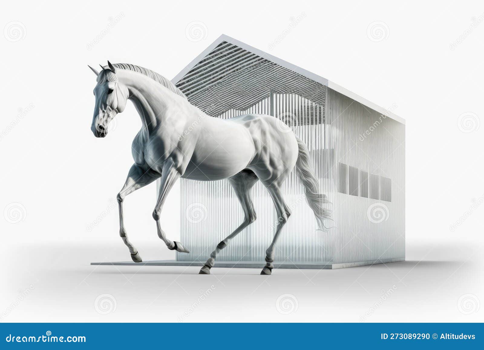 Large Modern Stable with Dancing Horse Isolated on White Background ...
