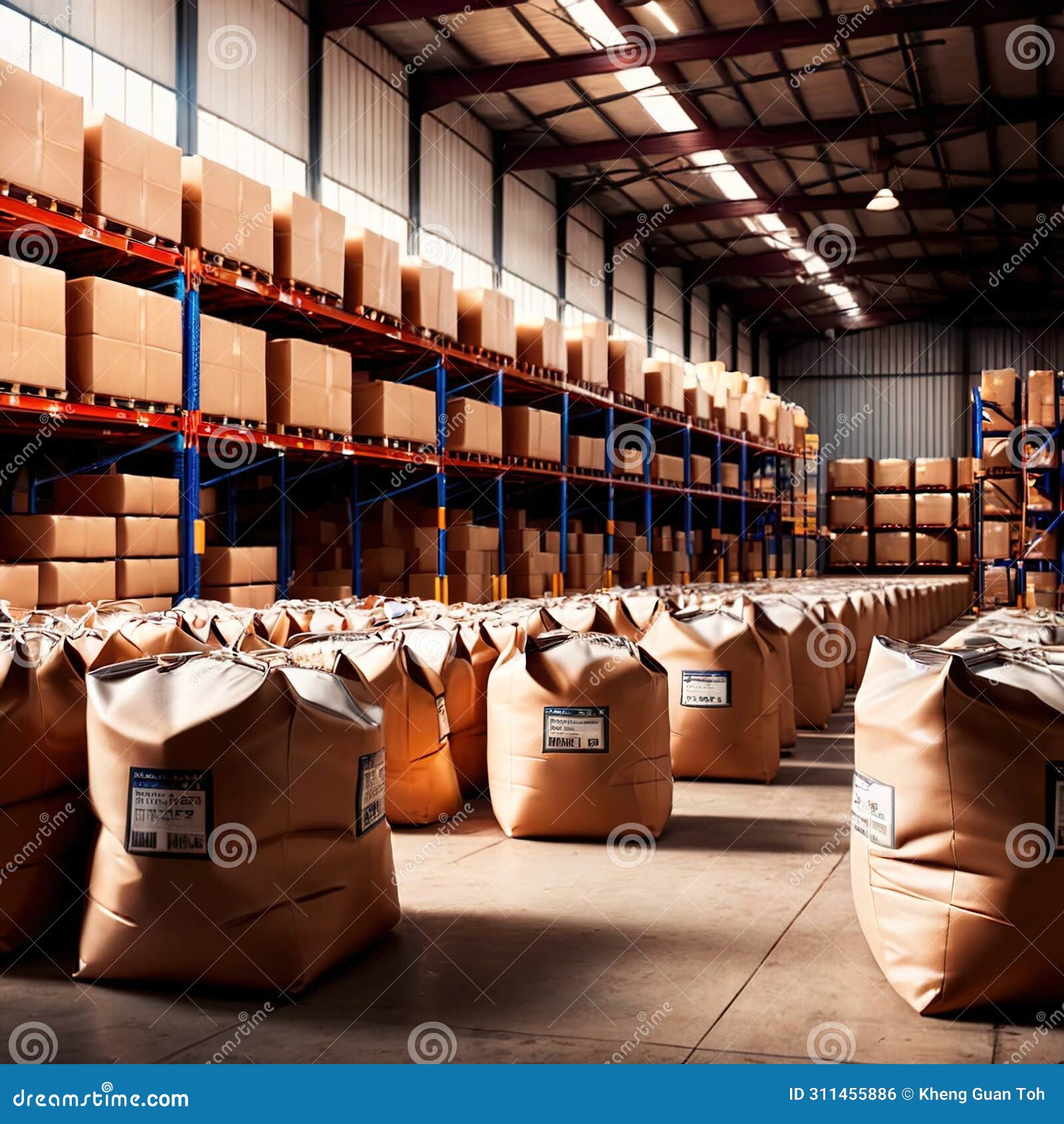 Large Modern Warehouse with Boxes and Sacks for Storage in Industrial ...