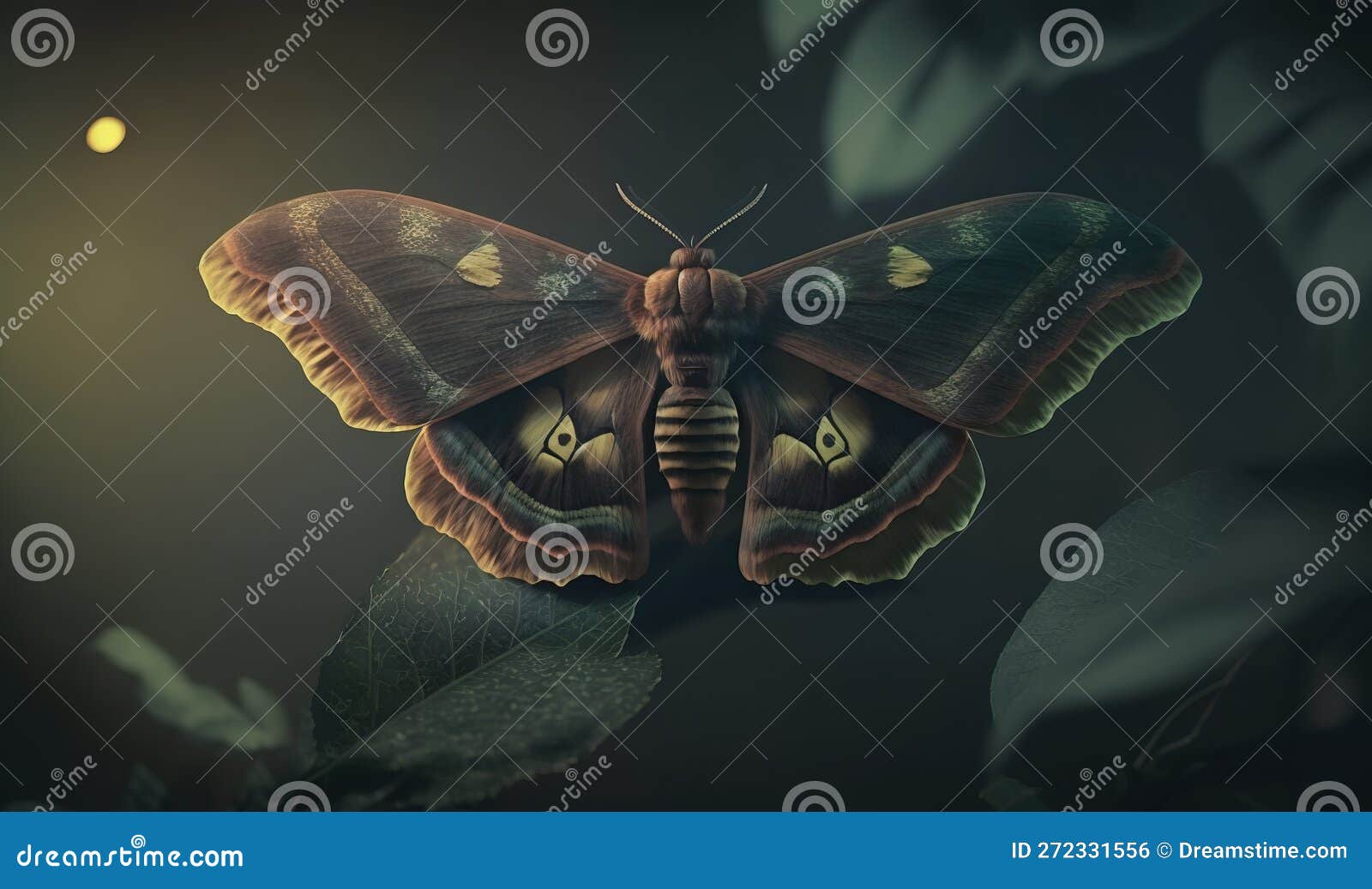 A Large Moth Sitting on Top of a Leaf Covered Tree Stock Photo - Image ...