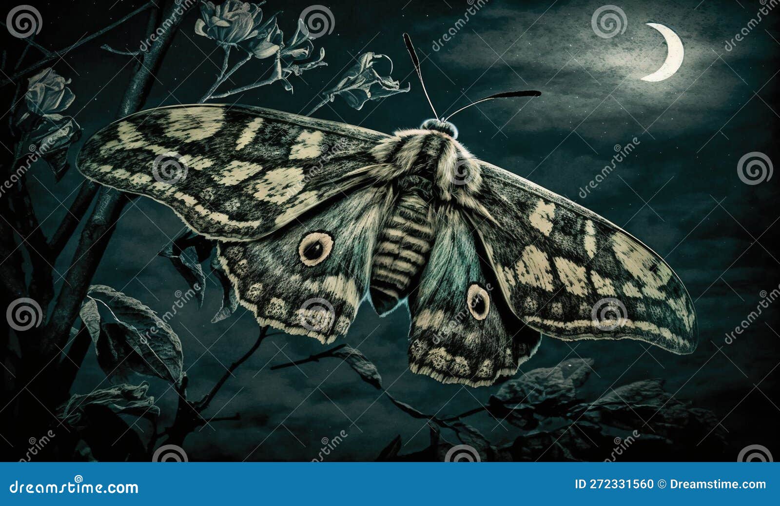 A Large Moth Sitting on Top of a Leaf Covered Tree Stock Illustration ...