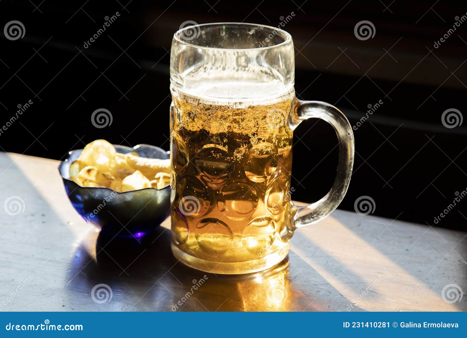 Large Mug of Beer and Chips on a Wooden Table Stock Image - Image of ...