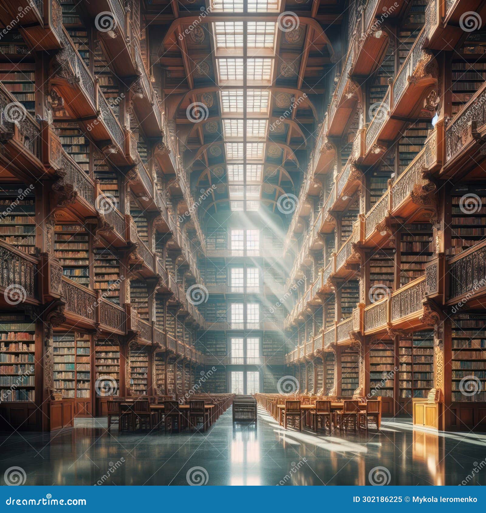 A Large, Multi-storey Hall of the Book Library. Stock Illustration ...