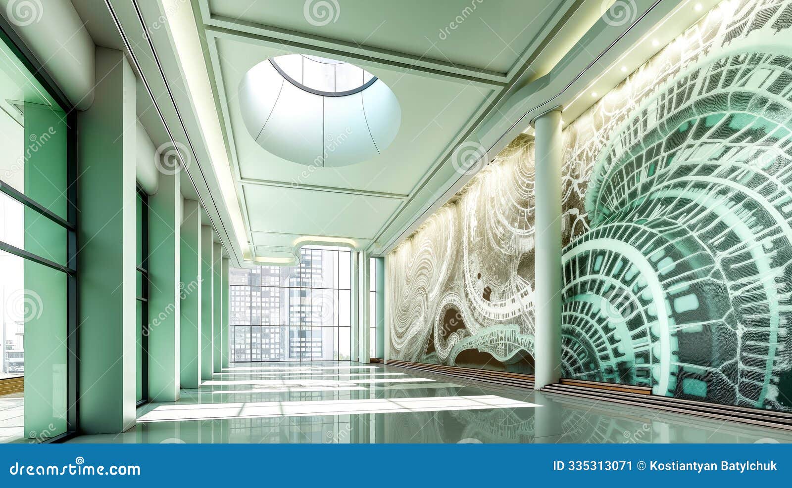 A Large Mural in the Lobby of a Building with a Skylight Above it Stock ...