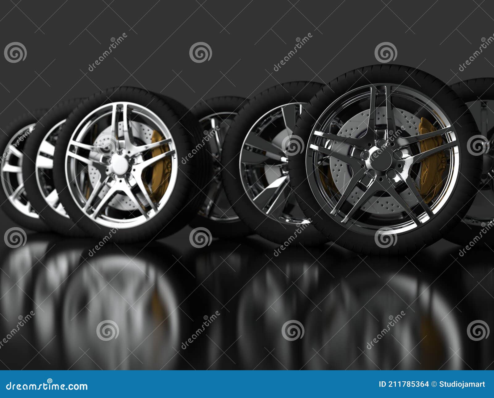A Large Number of Auto Wheels with Chrome Rims. Stock Illustration ...