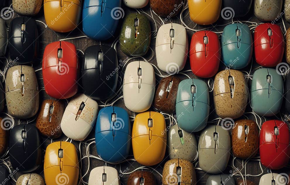 A Large Number of Bright Colored Wired Computer Mice on a Dark ...