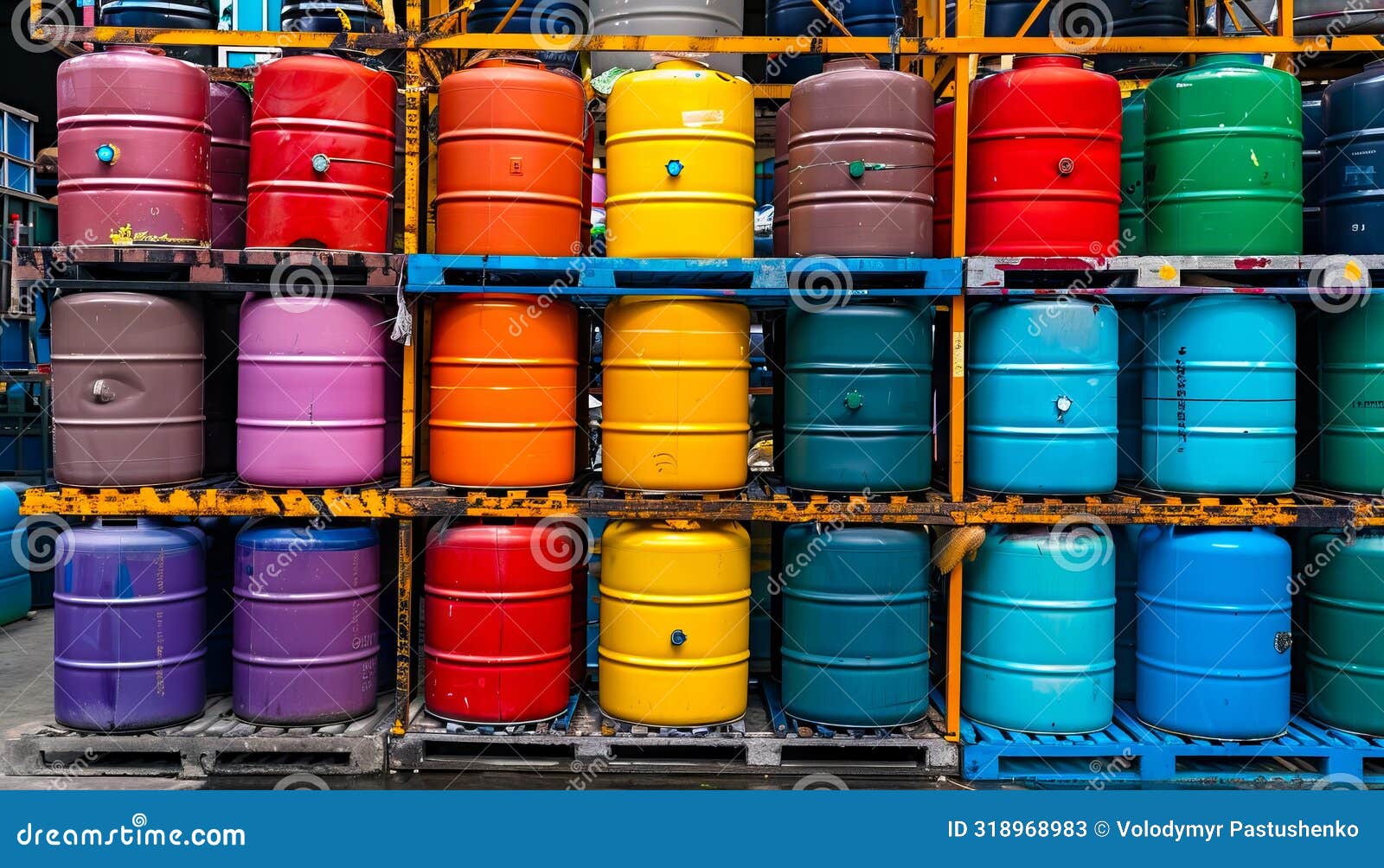 A Large Number of Colored Gas Cylinders in a Warehouse Stock Image ...