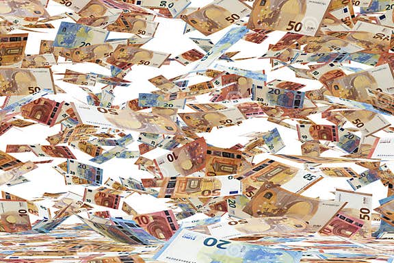 A Large Number of Euro Banknotes Falling Down, on White Background ...