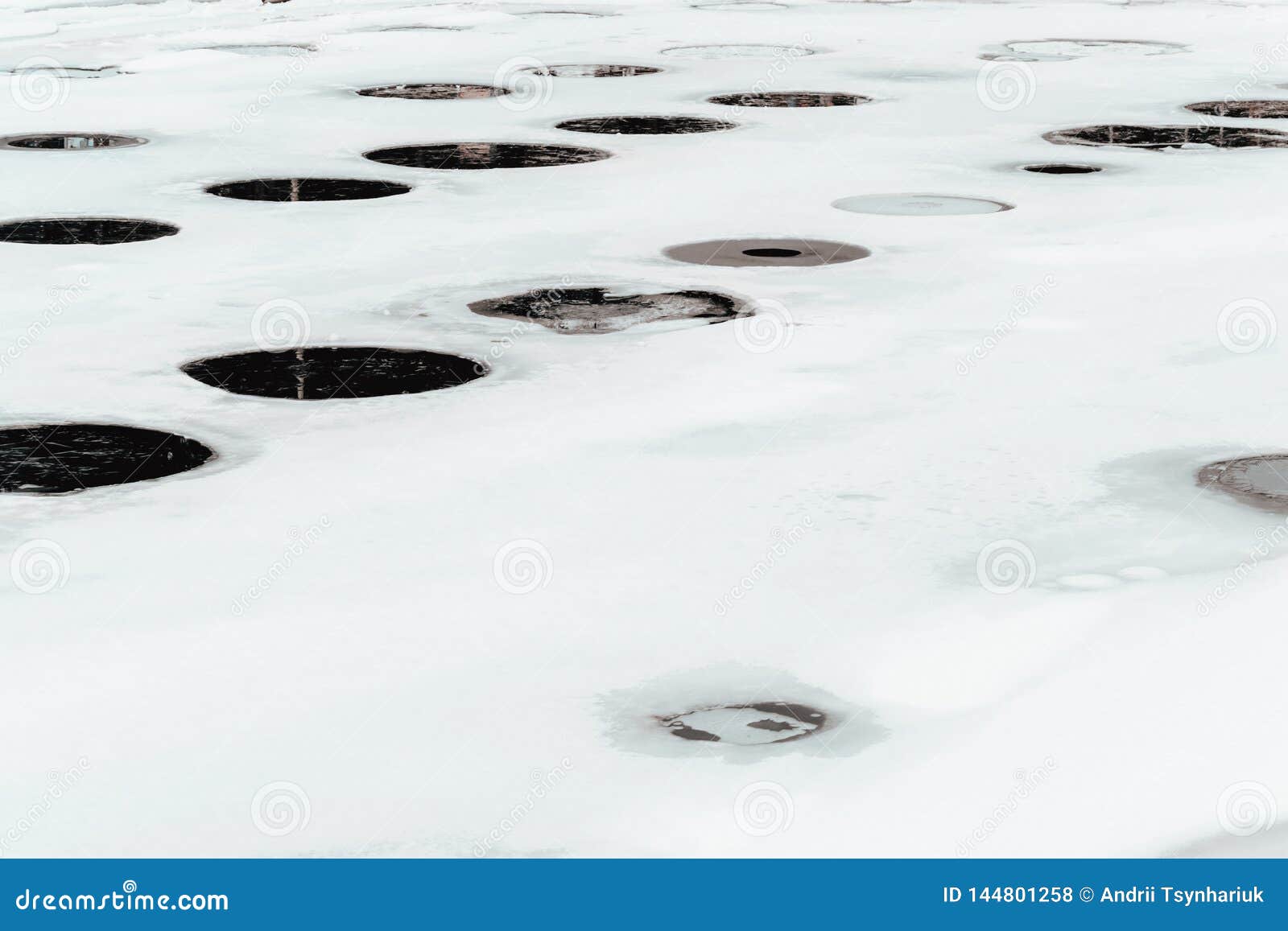 A Large Number of Holes, Holes and Holes on the Ice-covered Lake, Texture and Background Stock ...