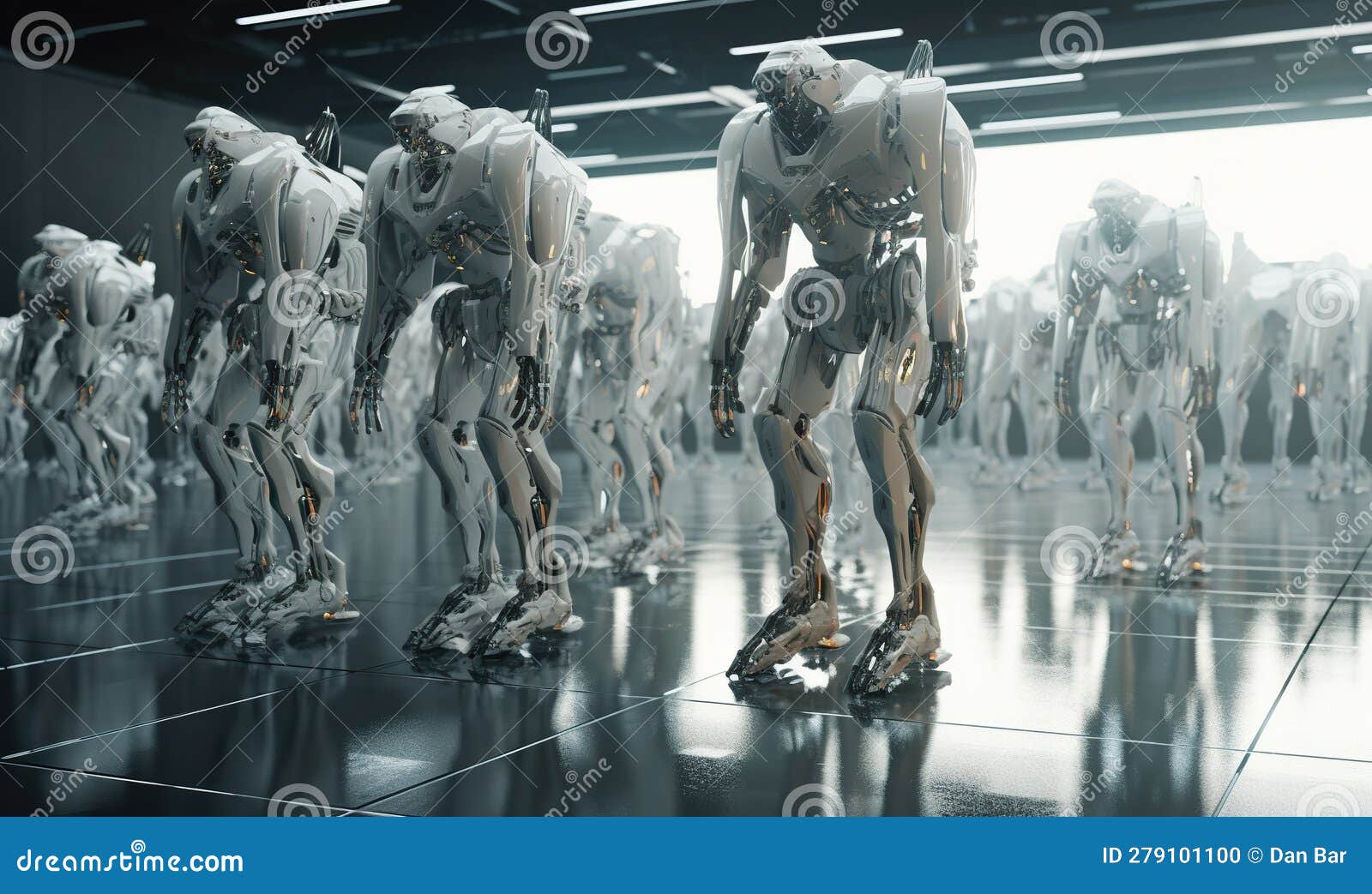 Large Number of Robots in a Laboratory or Hangar Facility. Futuristic ...