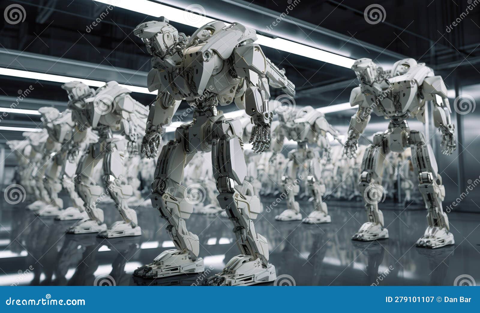 Large Number of Robots in a Laboratory or Hangar Facility. Futuristic ...