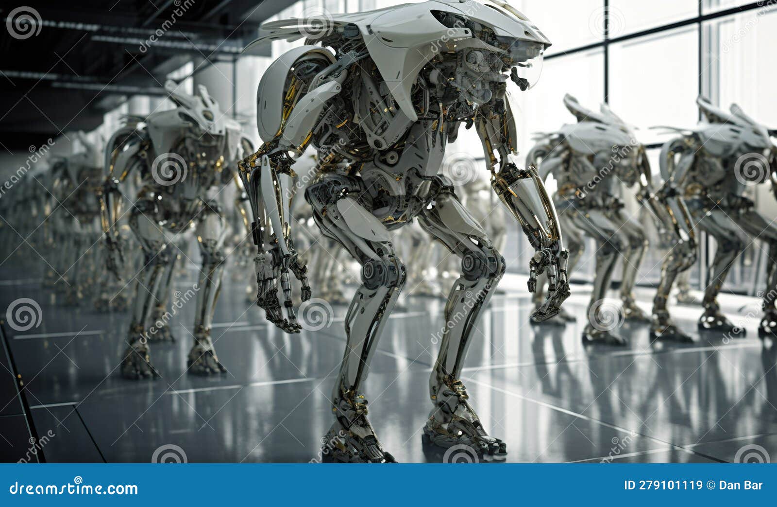 Large Number of Robots in a Laboratory or Hangar Facility. Futuristic ...