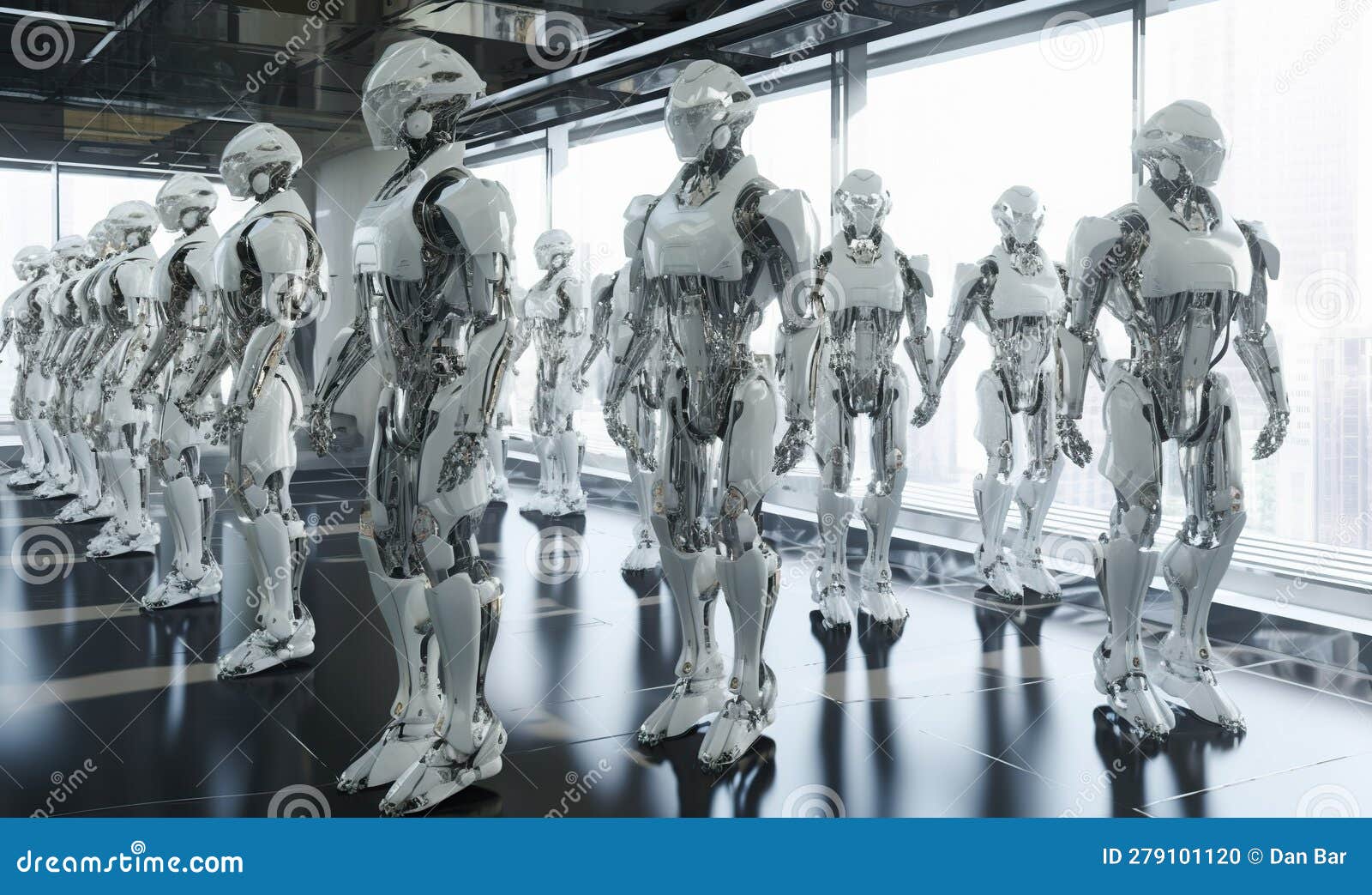Large Number of Robots in a Laboratory or Hangar Facility. Futuristic ...
