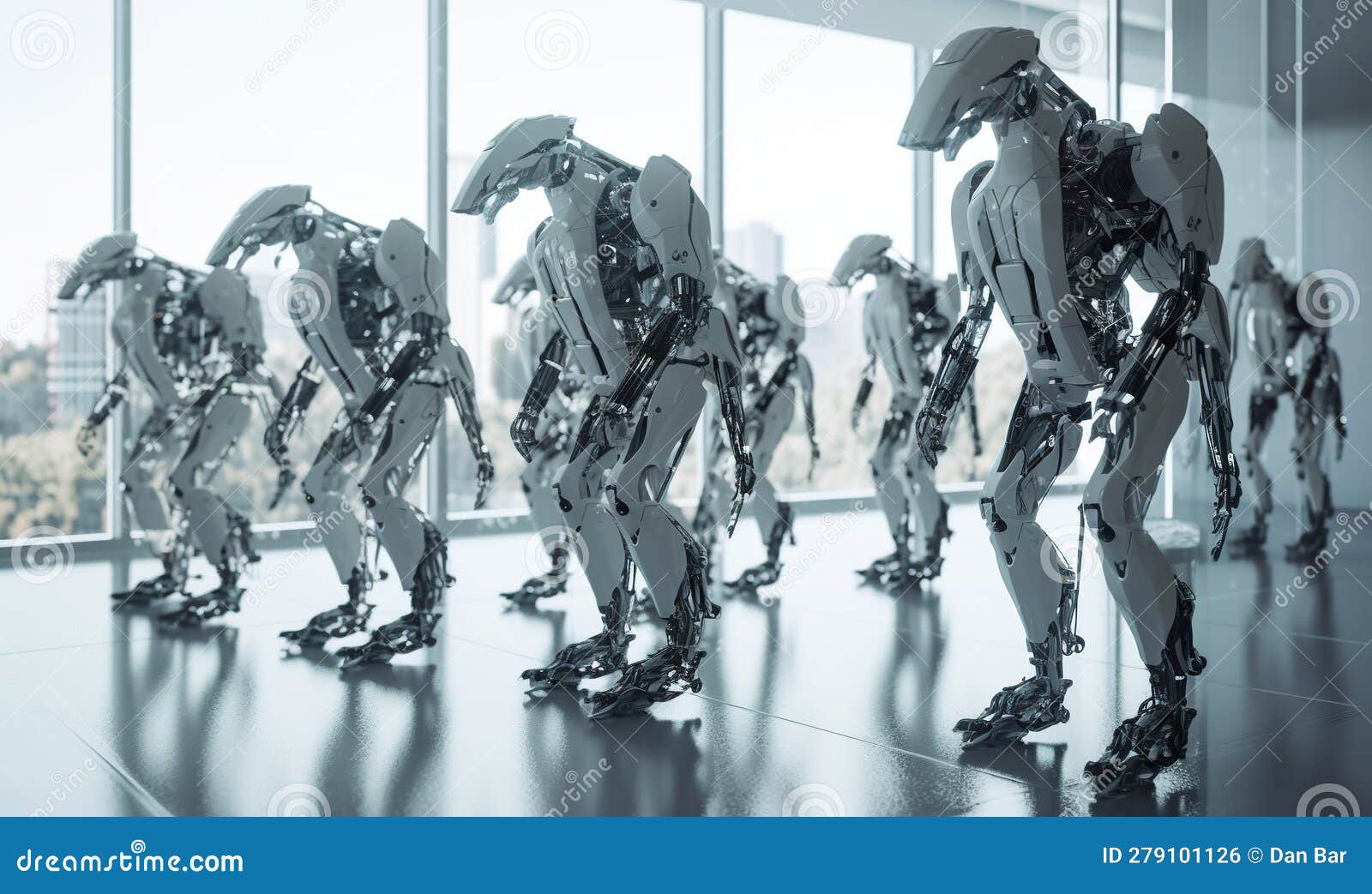 Large Number of Robots in a Laboratory or Hangar Facility. Futuristic ...