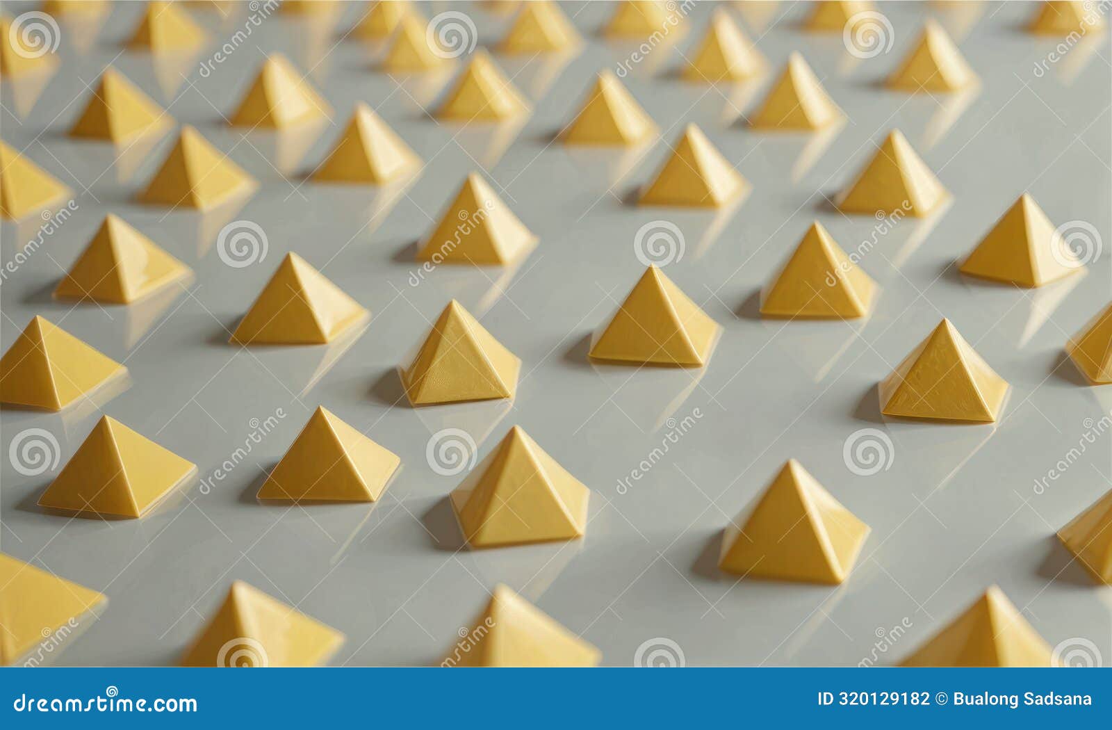 A Large Number of Yellow Pyramid Shaped Objects are Arranged on a Grey ...
