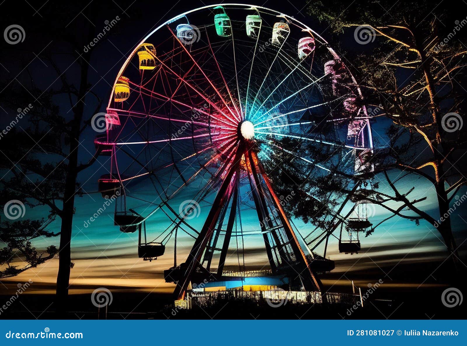 The Large Observation Wheel Glows with Colorful Lights at Night. AI ...