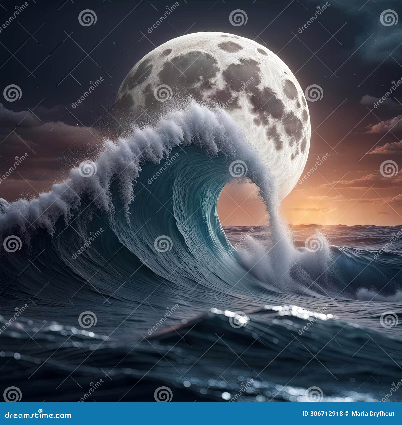 Full Moon with Dramatic Ocean Wave Stock Illustration - Illustration of ...