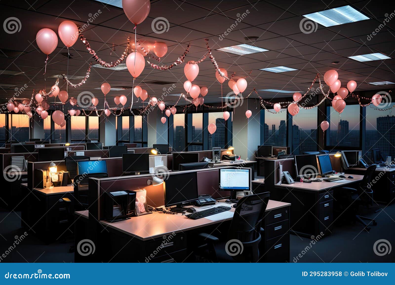 A Large Office with Balloons Hanging from the Ceiling Stock Photo ...