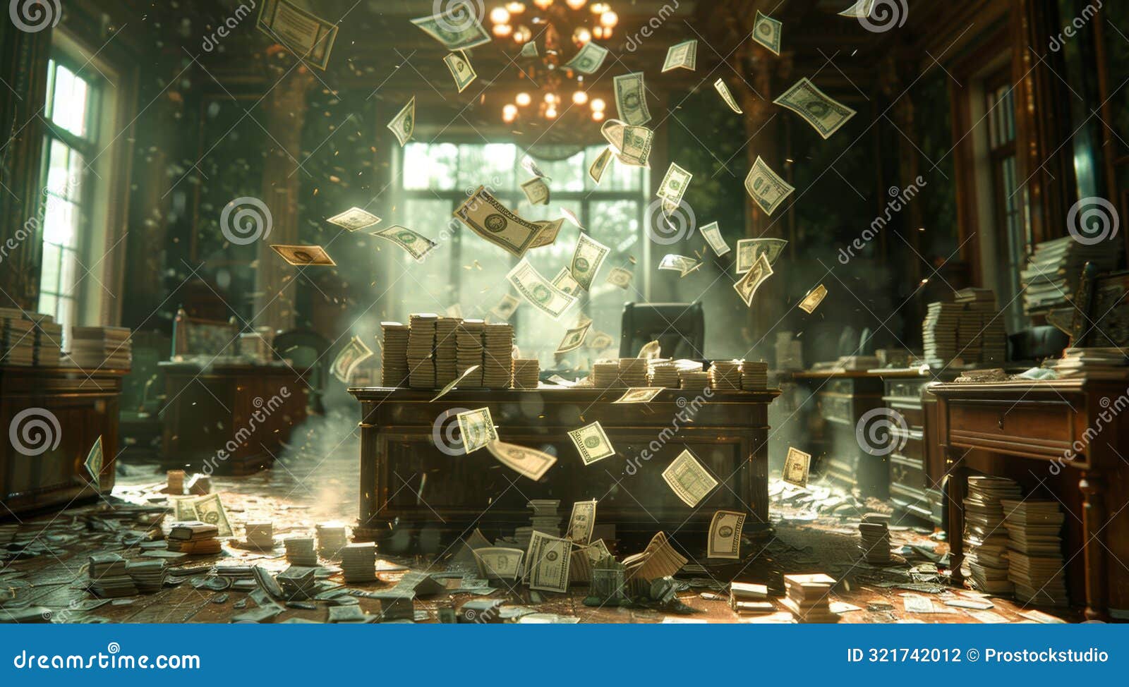 Money Falling in an Office stock photo. Image of wealth - 321742012