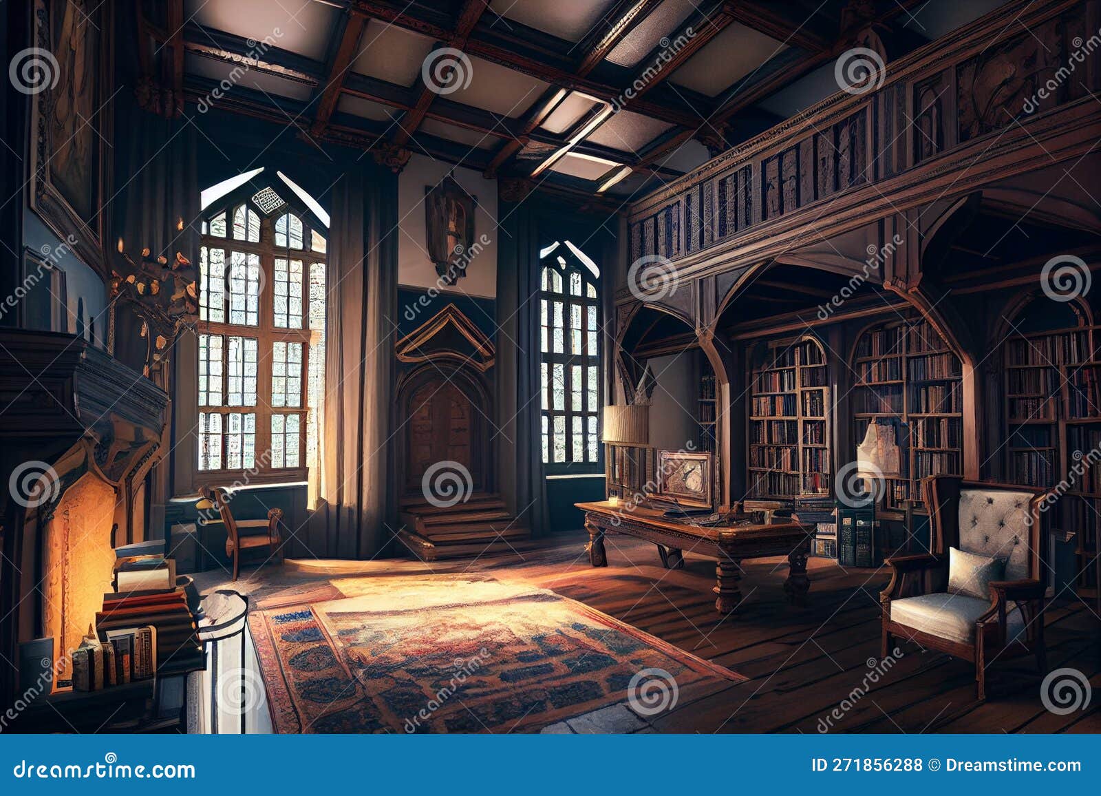 Large Office with Huge Libraries in an Old Castle. AI Generated Stock ...