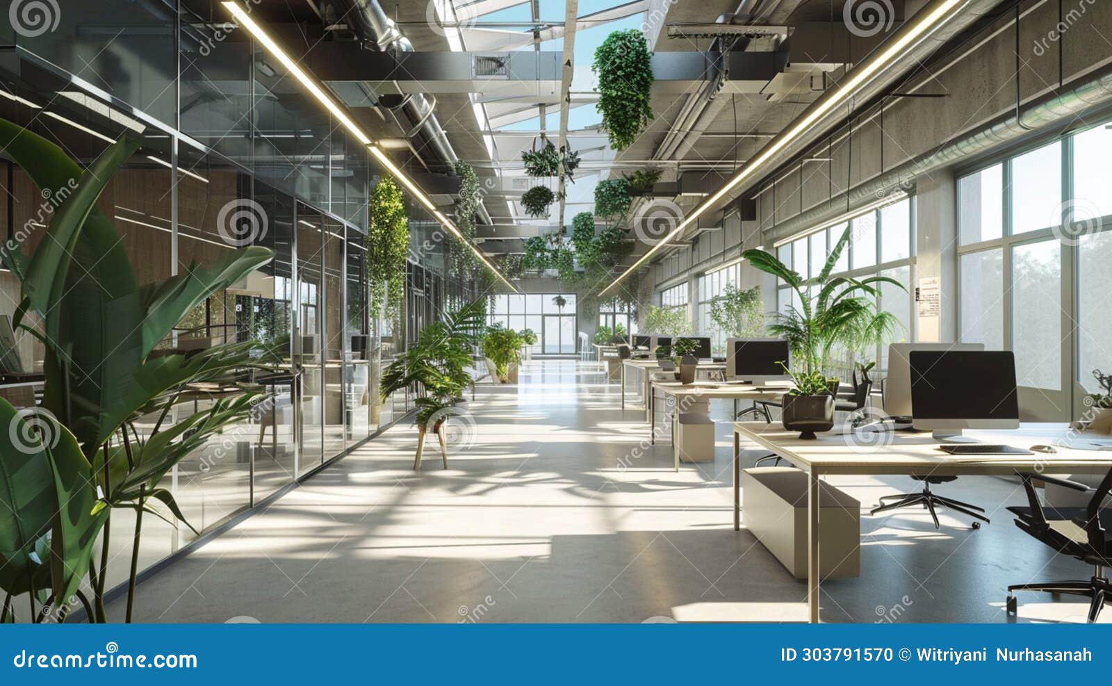 Large Office Interior with Plants and Open Ceiling Office. Loft ...