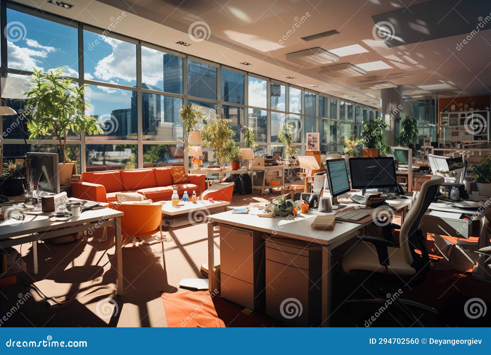 Large Office with a Lot of Windows and Furniture Stock Illustration ...