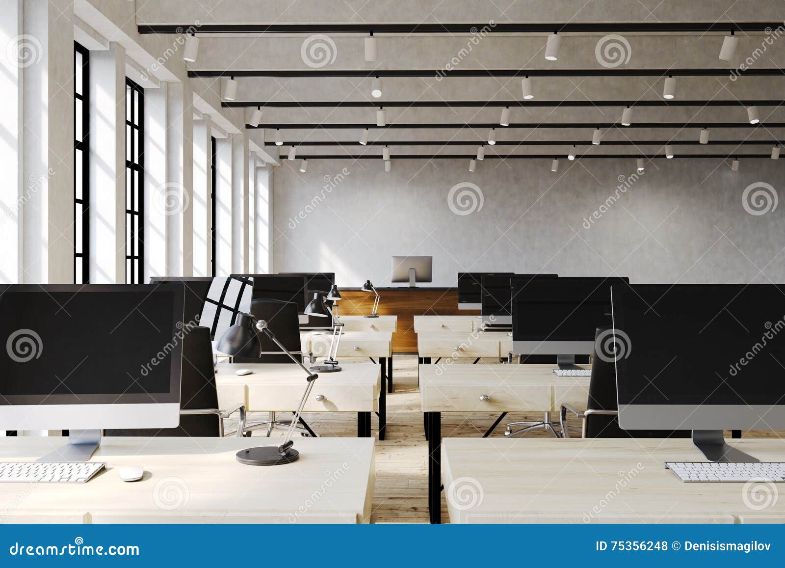 Large office room stock photo. Image of ceiling, computers - 75356248