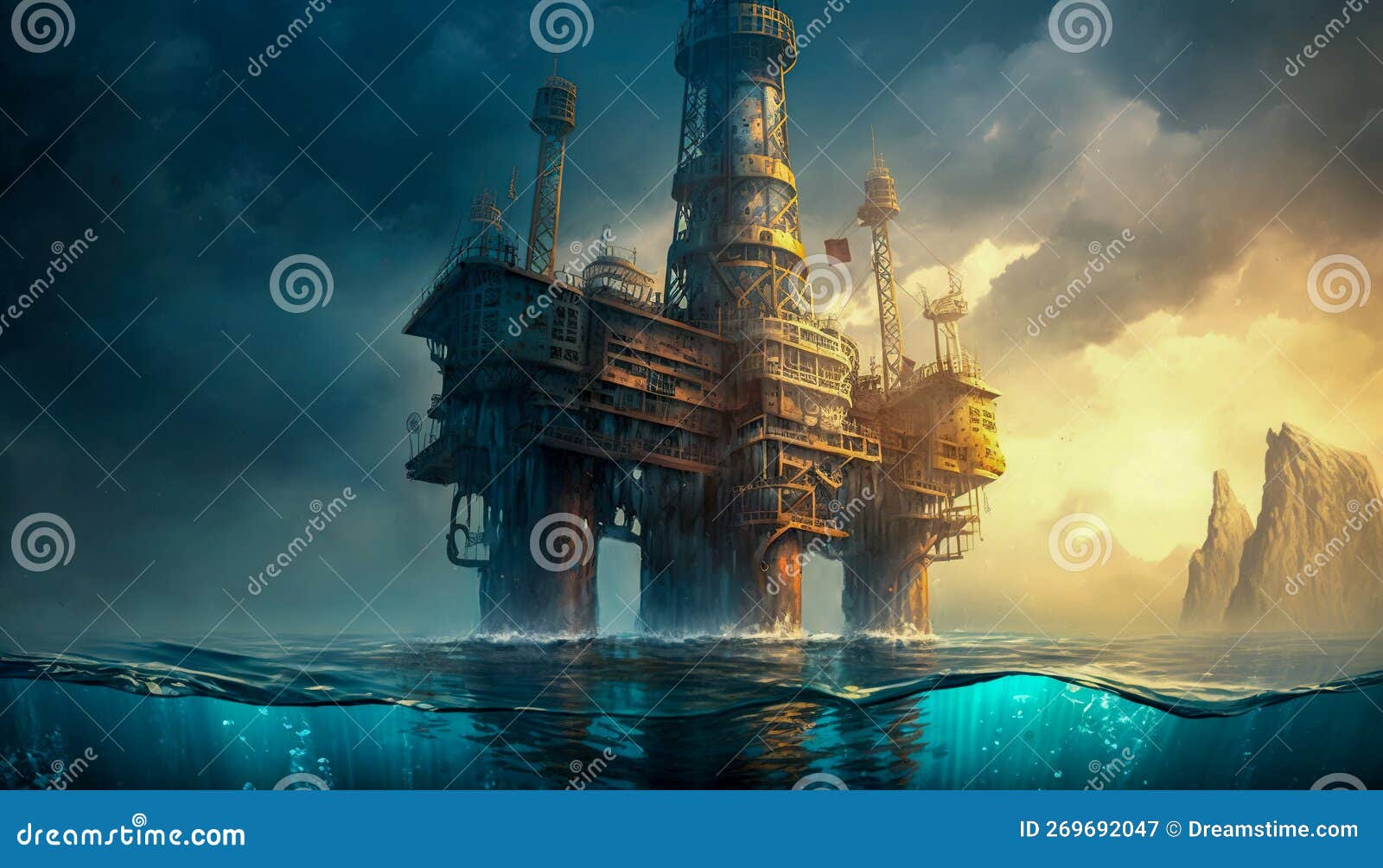Large Oil Extraction Rig or Platform Standing in the Sea, Underwater ...