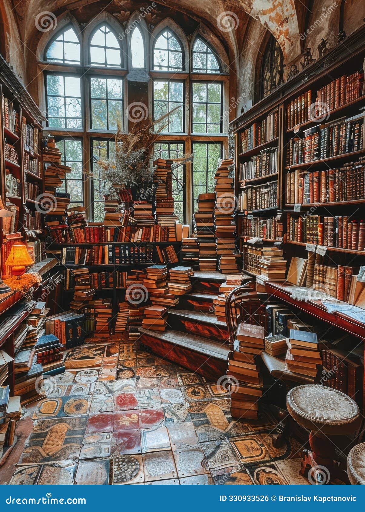 A Large Old Library Filled with Books and Warm Light Creates a Serene ...