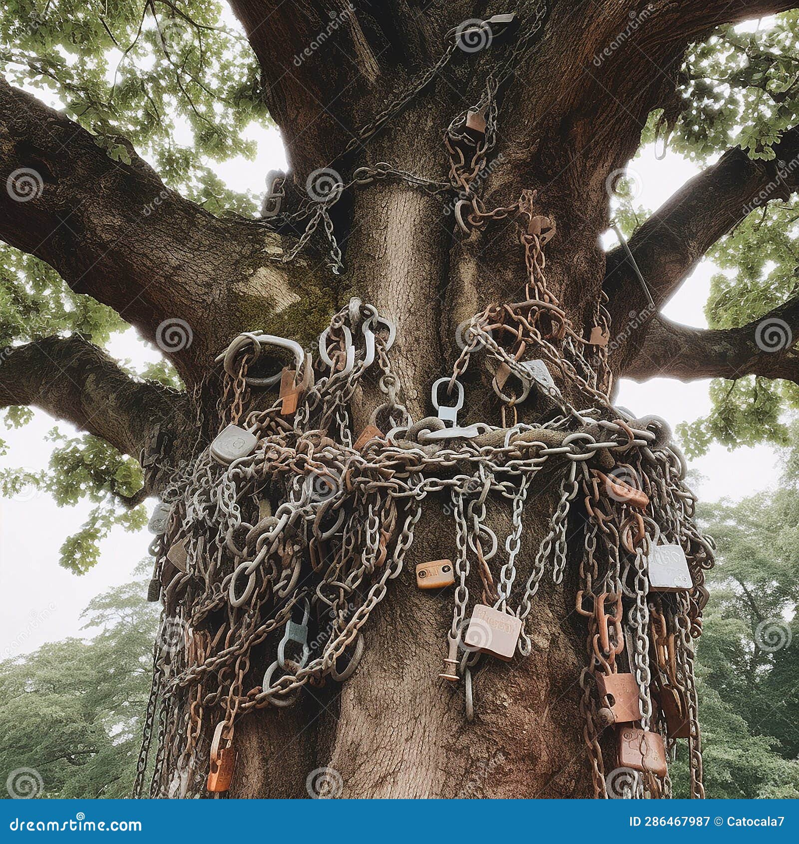 A Large Old Tree Entangled in Many Chains with Locks, a Sacred Magic ...