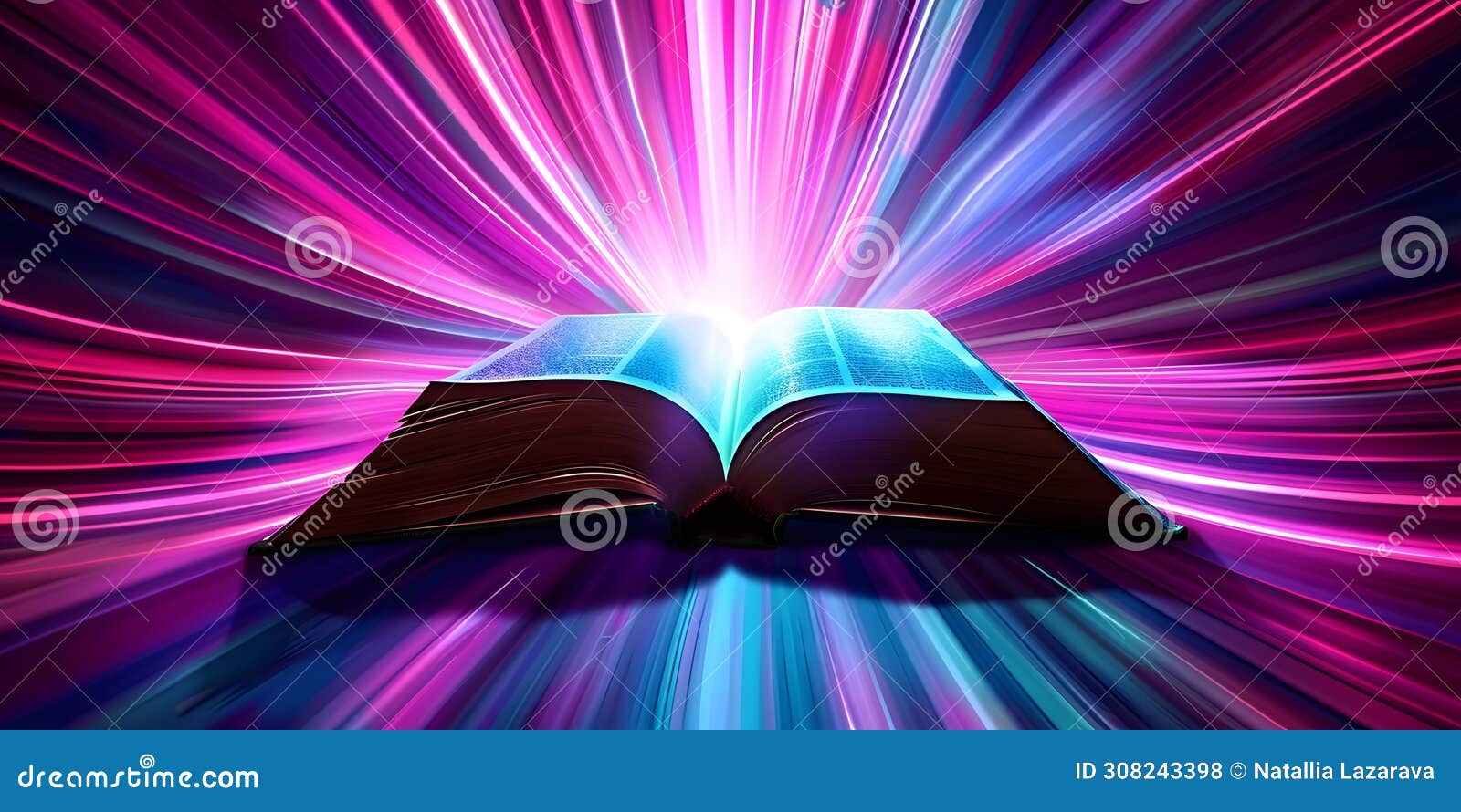 A Large Open Book with Bright Neon Rays in the Style of a Flat ...