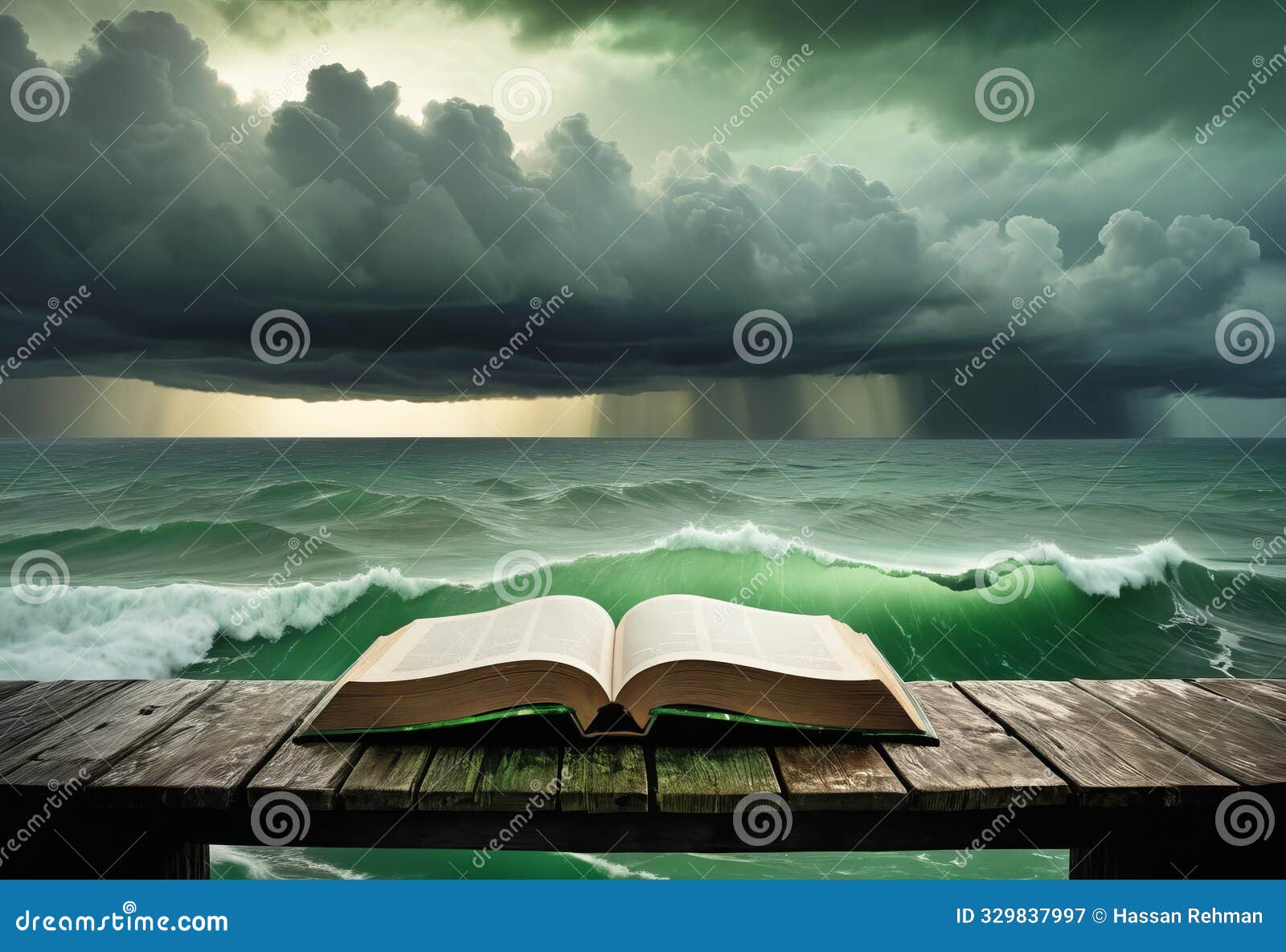 A Large Open Book Floating on a Wooden Dock Stock Illustration ...