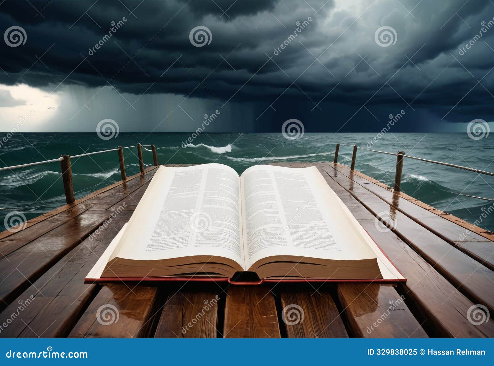 A Large Open Book Floating on a Wooden Dock Stock Illustration ...