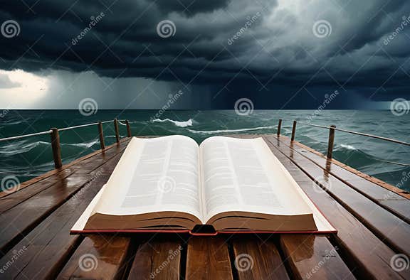 A Large Open Book Floating on a Wooden Dock Stock Illustration ...