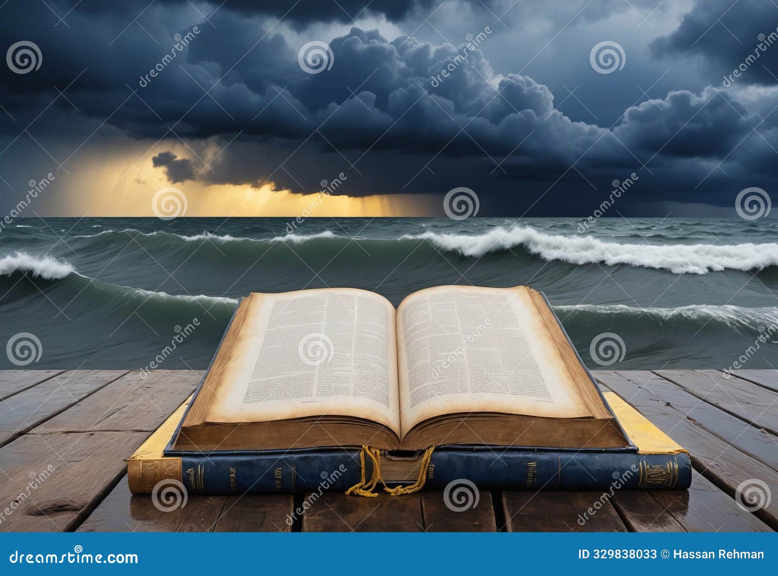 A Large Open Book Floating on a Wooden Dock Stock Illustration ...