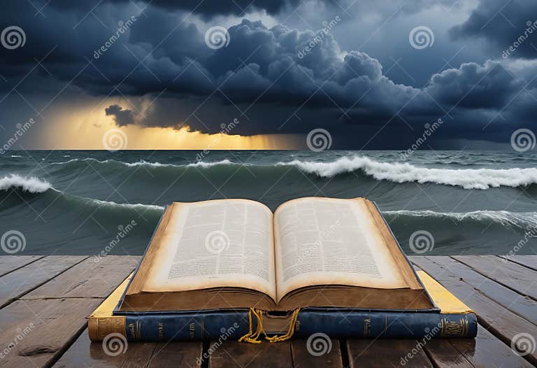 A Large Open Book Floating on a Wooden Dock Stock Illustration ...