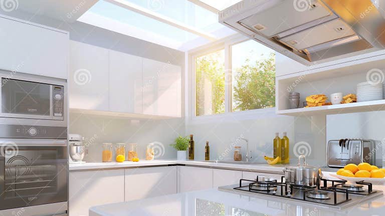 A Large, Open Kitchen with a Window Overlooking a Mountain Stock Photo ...
