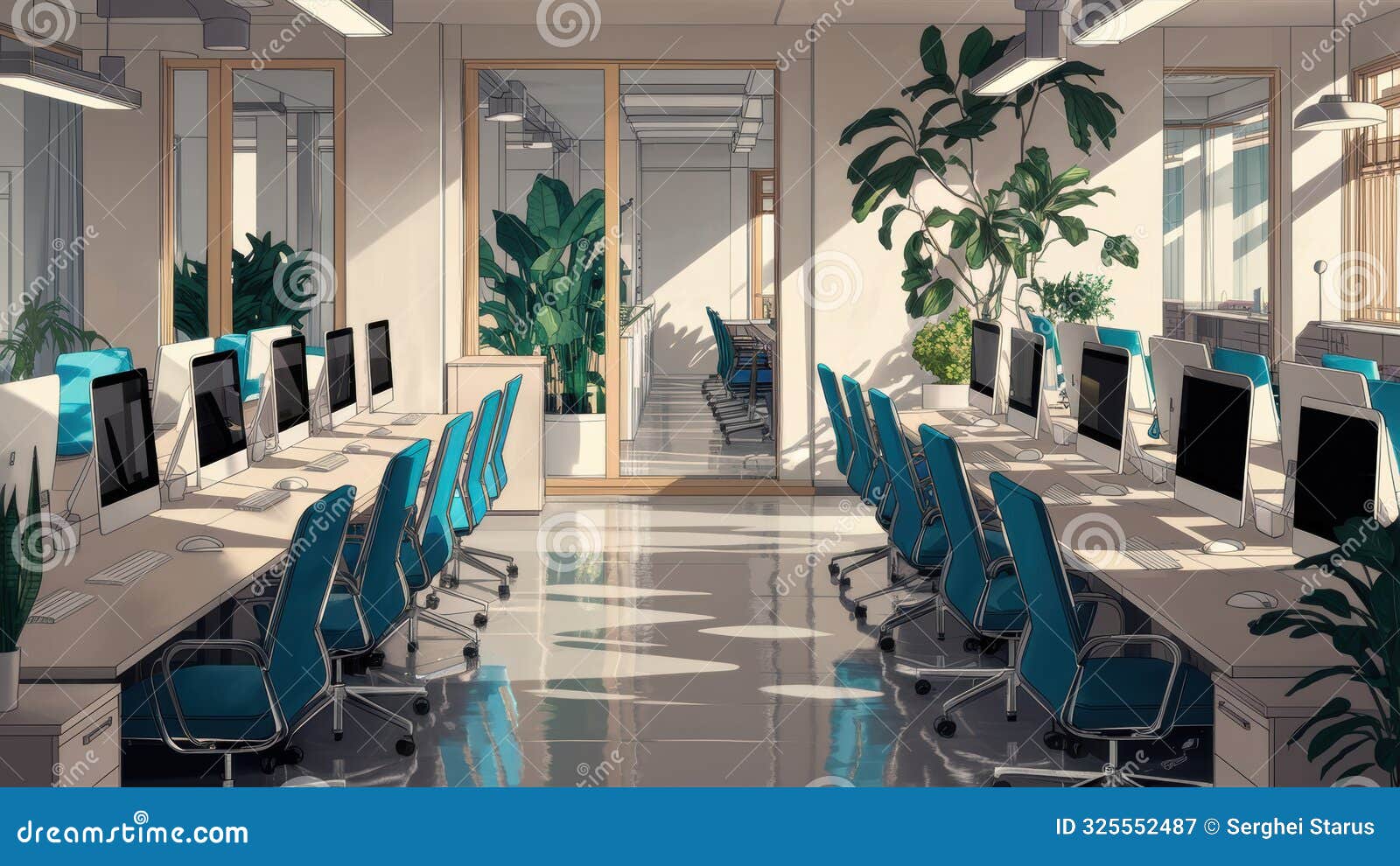 A Large Open Office with Rows of Desks and Chairs, AI Stock Image ...