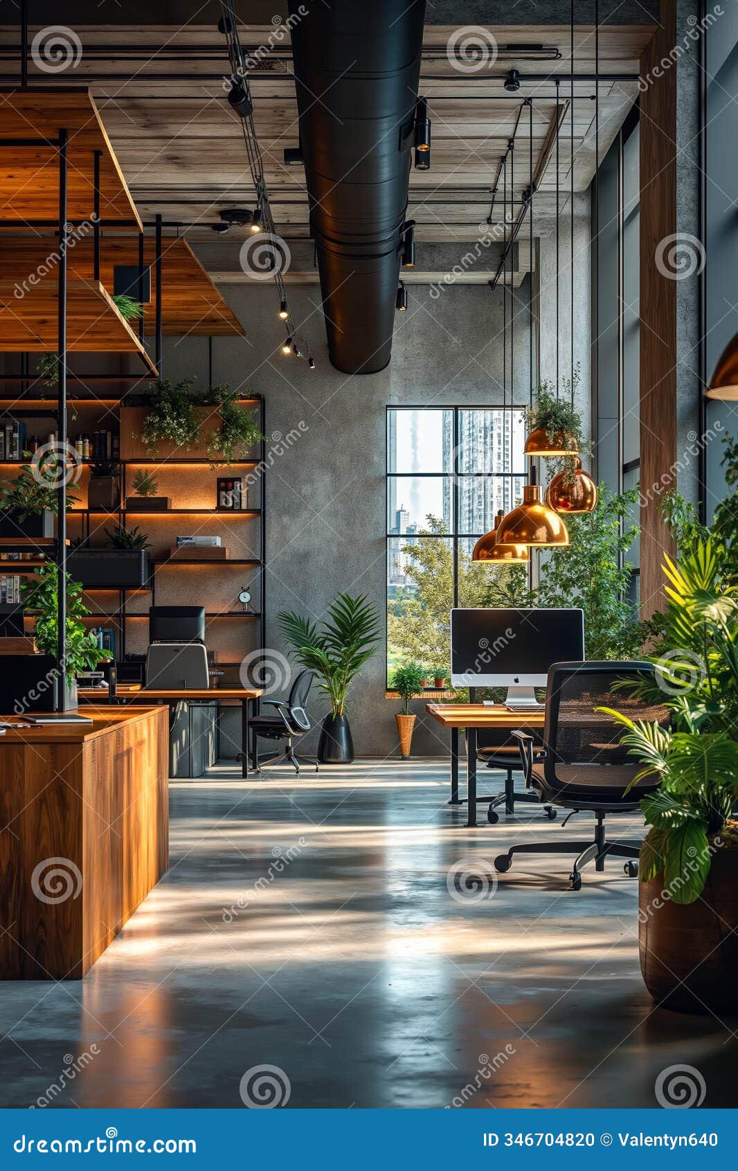 A Large Open Plan Office with Plants in the Middle of the Room Stock ...