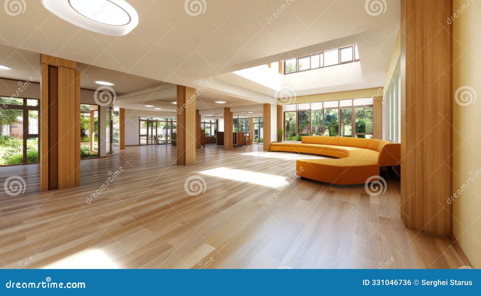 A Large Open Room with a Couch and Windows in the Background, AI Stock ...