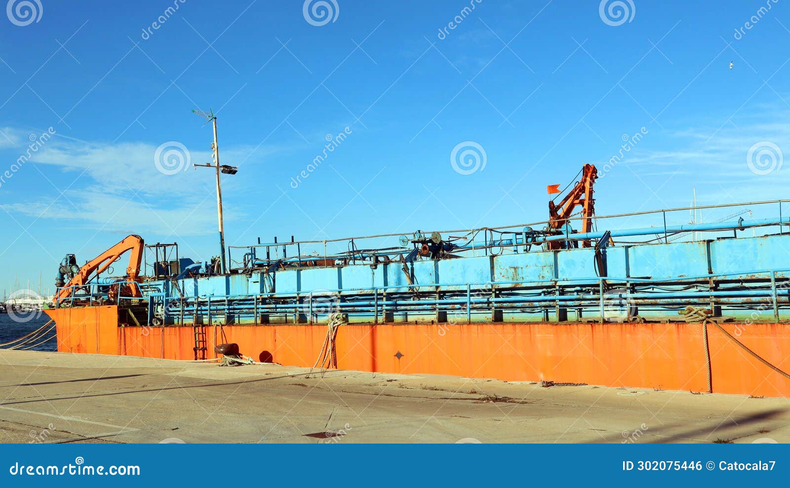 Large Orange Empty Barge Cargo Ship Standing at the Pier Stock Photo ...