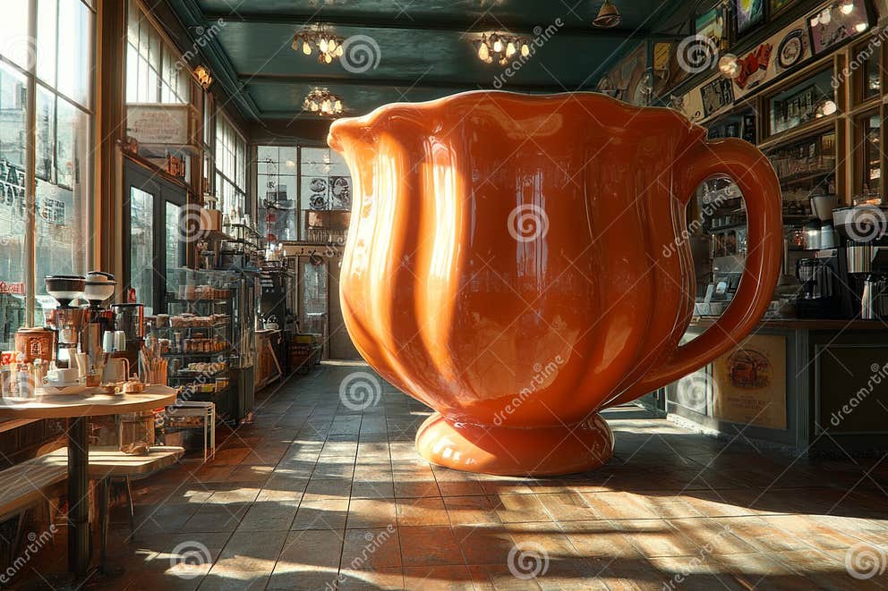 Large Orange Teacup Placed in Cafe Interior, Sunlight Streaming through ...