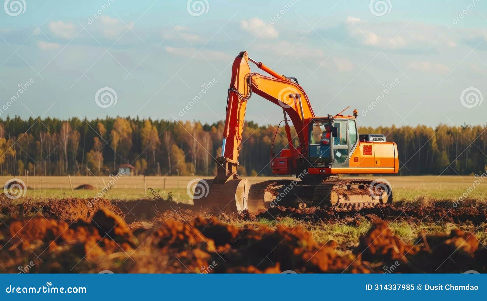 A Large Orange and Yellow Construction Vehicle is Digging into the Dirt ...