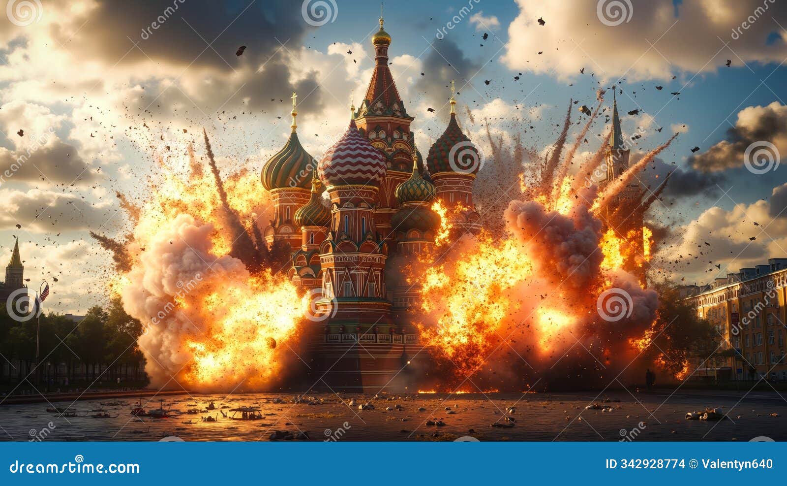 A Large Explosion in Front of a Large Building with a Church in the ...