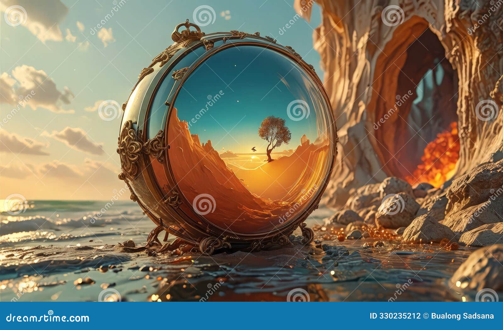 Large, Ornate, Circular Object with Reflective Surface Sits on Rocky ...