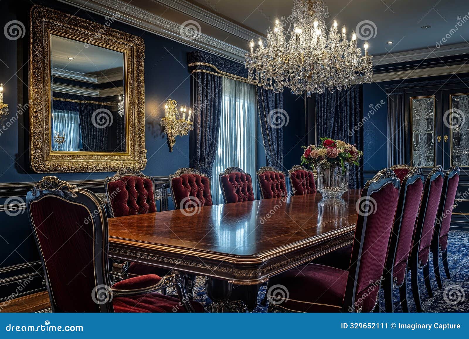 A Large, Ornate Dining Table with a Mirror Above it. Interior Designs ...