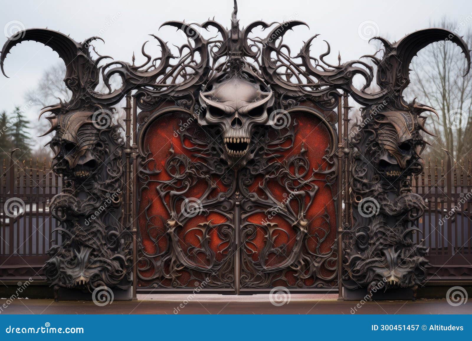 A Large, Ornate Iron Gate with Intricate Devilish Details, Partially ...